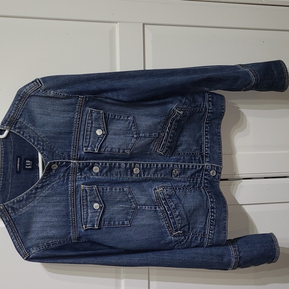 GAP | Jackets & Coats | Gap Collarless Stretch Demin Jean Jacket Pink Binding Silver Logo Button ...